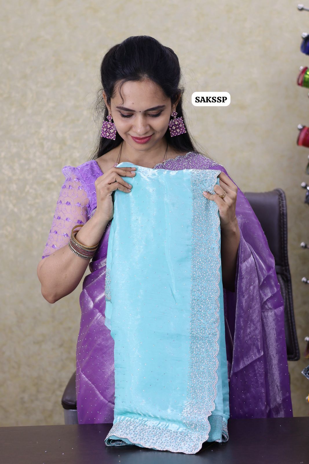Fendy chiffon with cut work border with running blouse Ice blue 🎁 ...