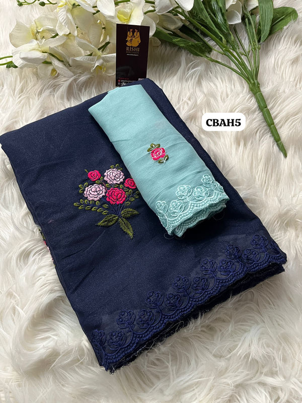 Star georgette floral embroidery butta work saree with scalloped cutwo ...